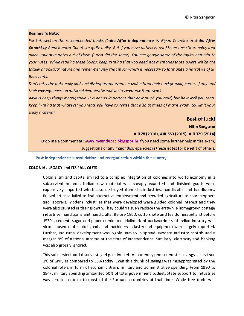 UPSC - India After Independence Topper's Notes - By Nitin Sangwan - AIR ...