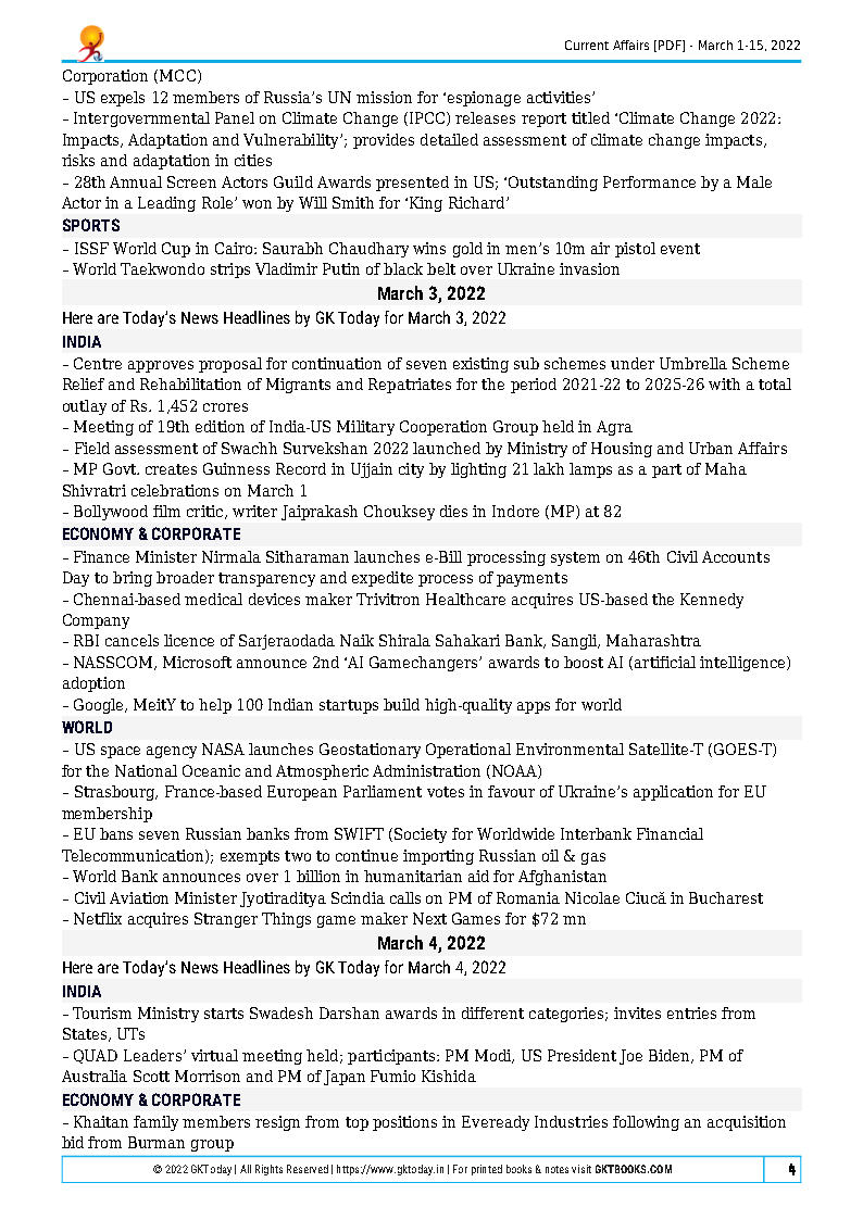 Gk Today-Monthly Current Affairs-Compilation March 2022-English Medium ...