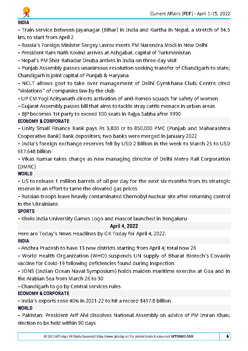 Gk Today-Monthly Current Affairs-Compilation April 2022-English Medium ...