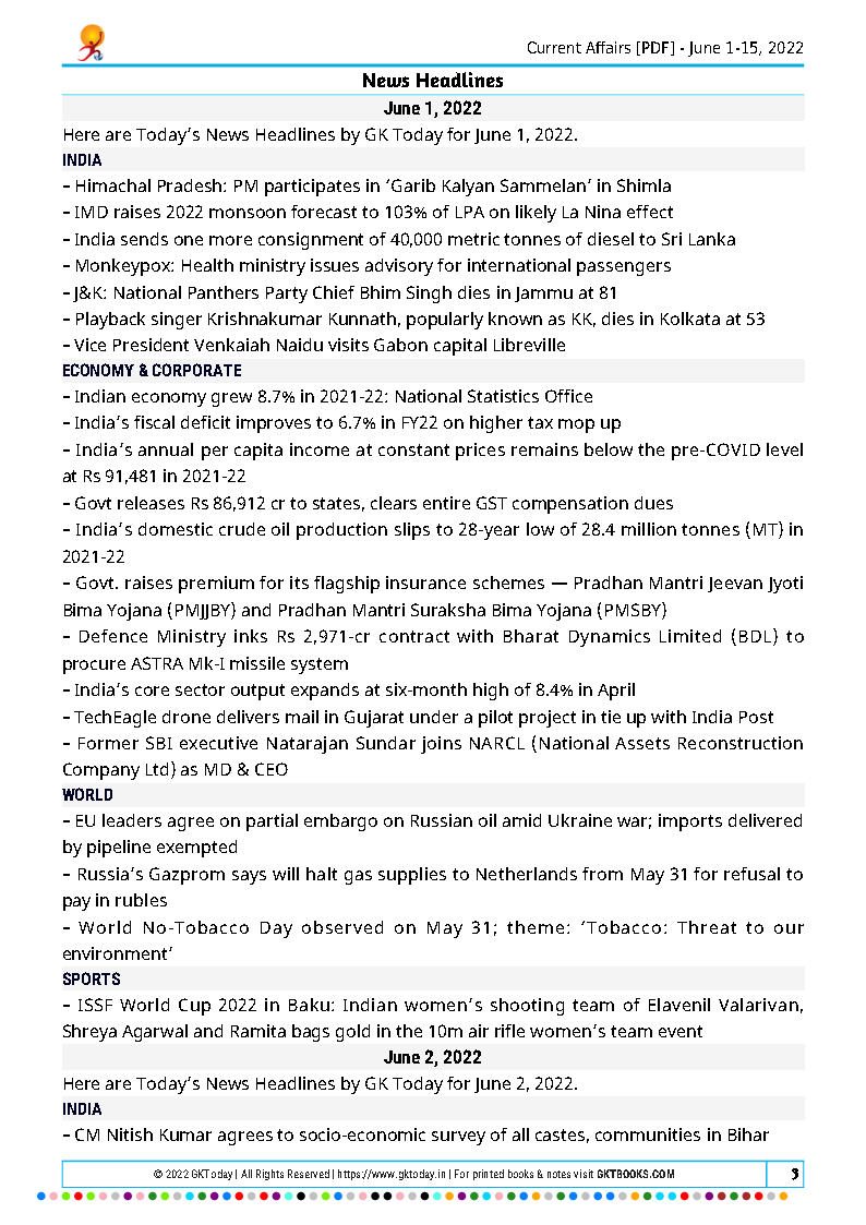 Gk Today-Monthly Current Affairs-Compilation June 2022-English Medium ...
