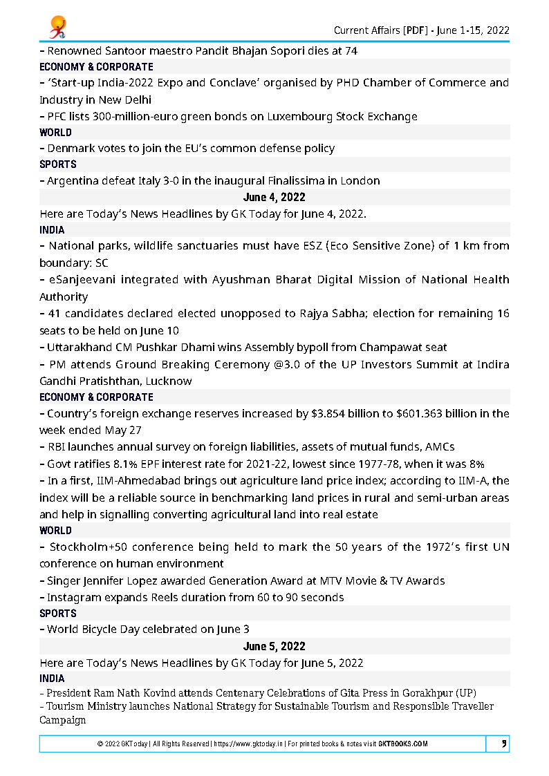 Gk Today-Monthly Current Affairs-Compilation June 2022-English Medium ...