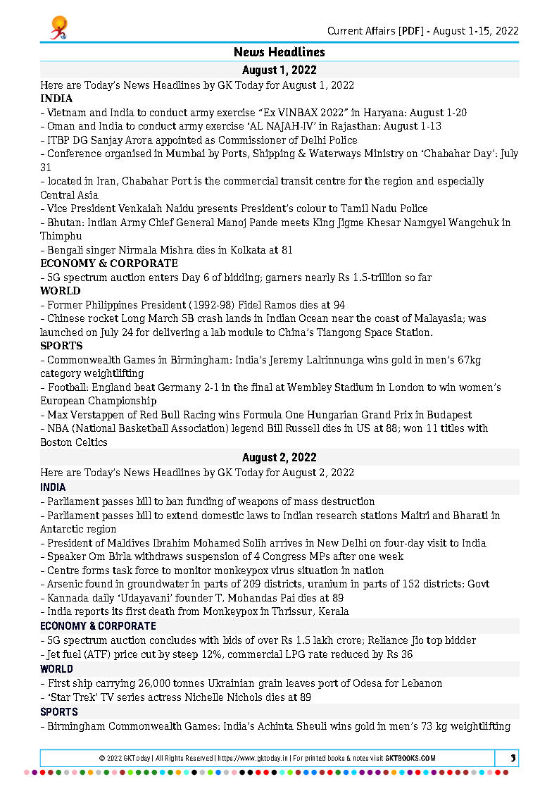 Gk Today - Monthly Current Affairs - Compilation August 2022 - English ...
