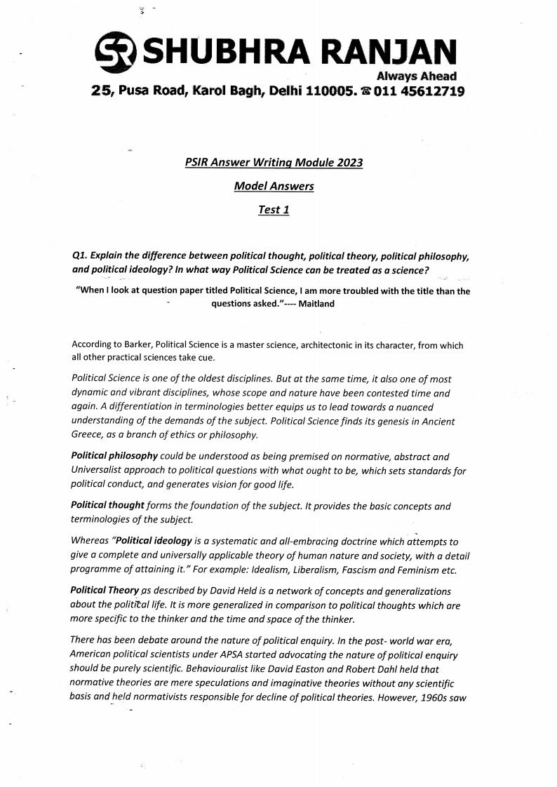 Shubhra Ranjan - PSIR Optional Test Series - Model Answer 1 To 6 ...