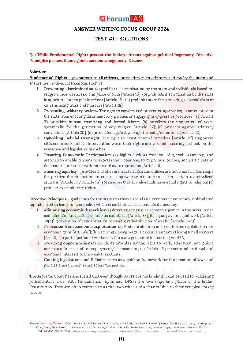 Forum Ias -Mains Test Answer Writing Focus Group Solution Test - 1-19 ...