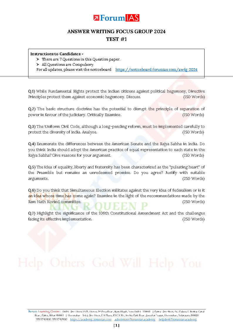 Forum Ias -Mains Test Answer Writing Focus Group Solution Test - 1-19 ...